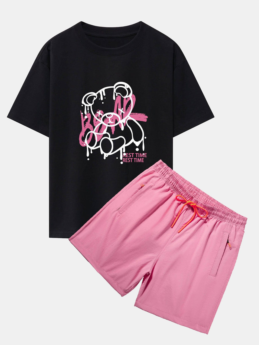 Dissolving Bear Print Drop Shoulder Oversize T-Shirt-CRERI