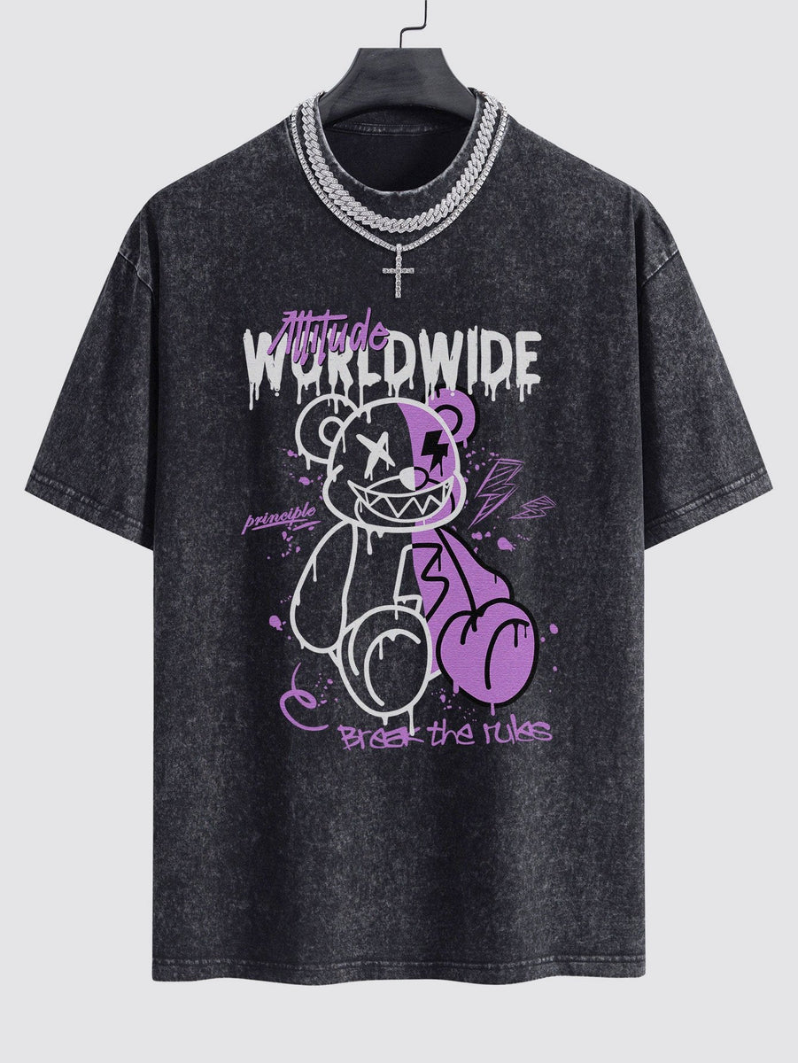 Dissolving Bear Print Washed Drop Shoulder Oversize T-Shirt-HOOOYI – CRERI